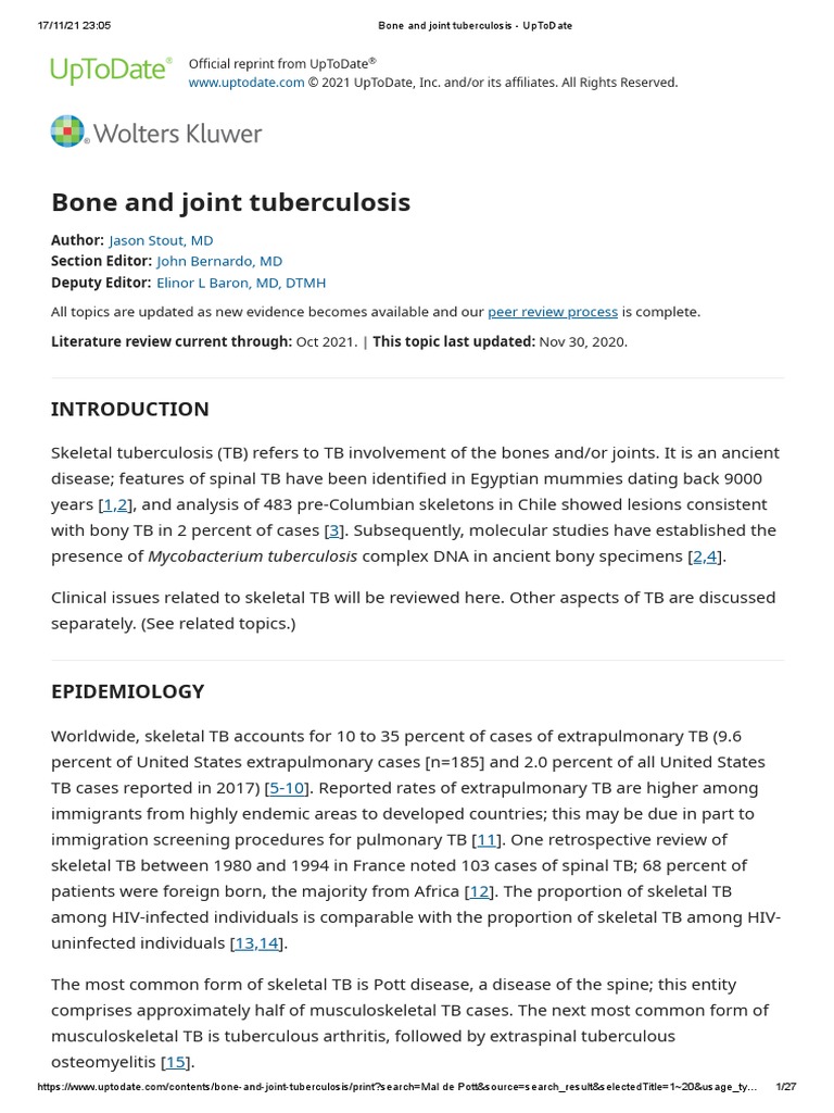 Bone and Joint Tuberculosis - UpToDate | PDF | Tuberculosis | Infection