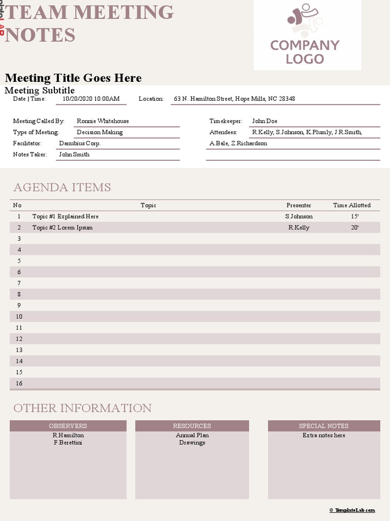 Team Meeting Notes Template | PDF