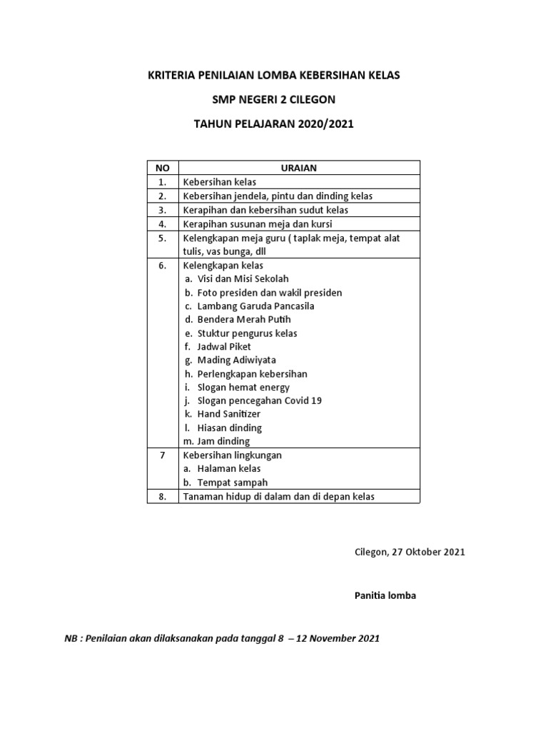 Kriteria Penilaian Lomba Kebersihan Kelas New | PDF