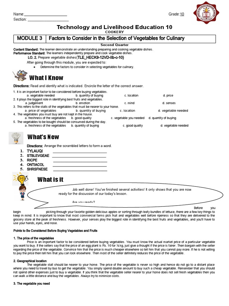 TLE 10 2nd Grading Module3 | PDF | Vegetables | Prices
