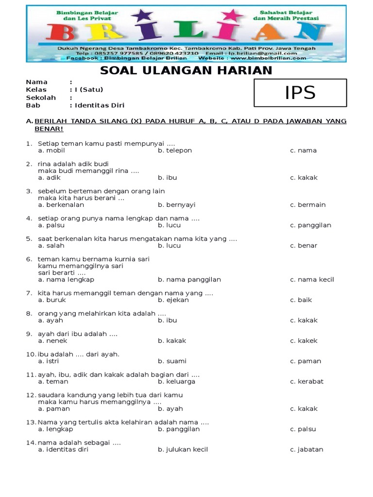Soal IPS Kelas 1 SD Bab 1 Identitas Diri Dan Kunci Jawaban | PDF