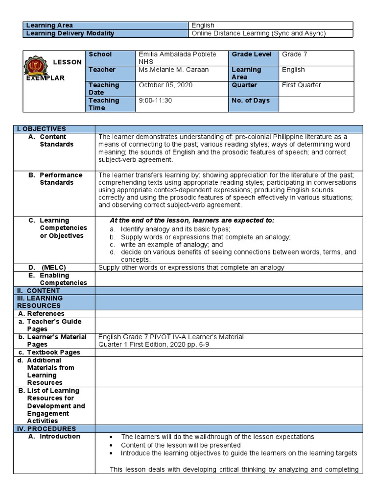 Week 1 Lesson Exemplar | PDF | Learning | Analogy