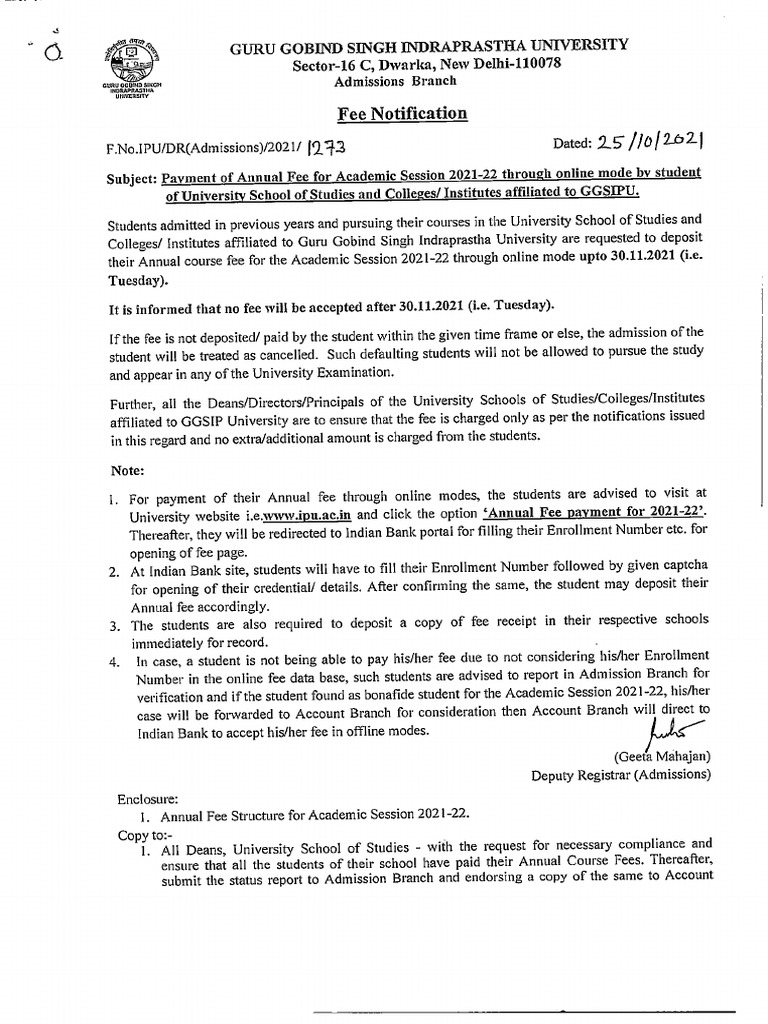 Fee Notice Issued by GGSIPU | PDF