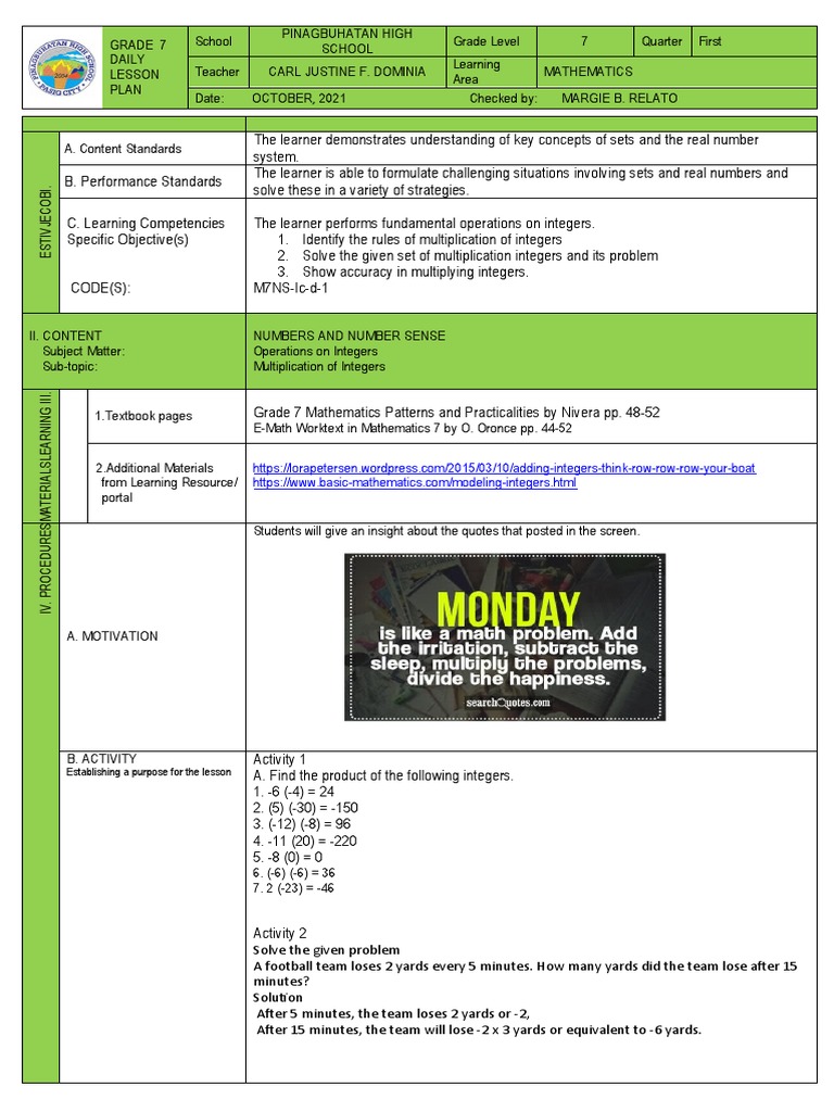 Multiplication of Integers: Daily Lesson Plan on Performing Fundamental ...