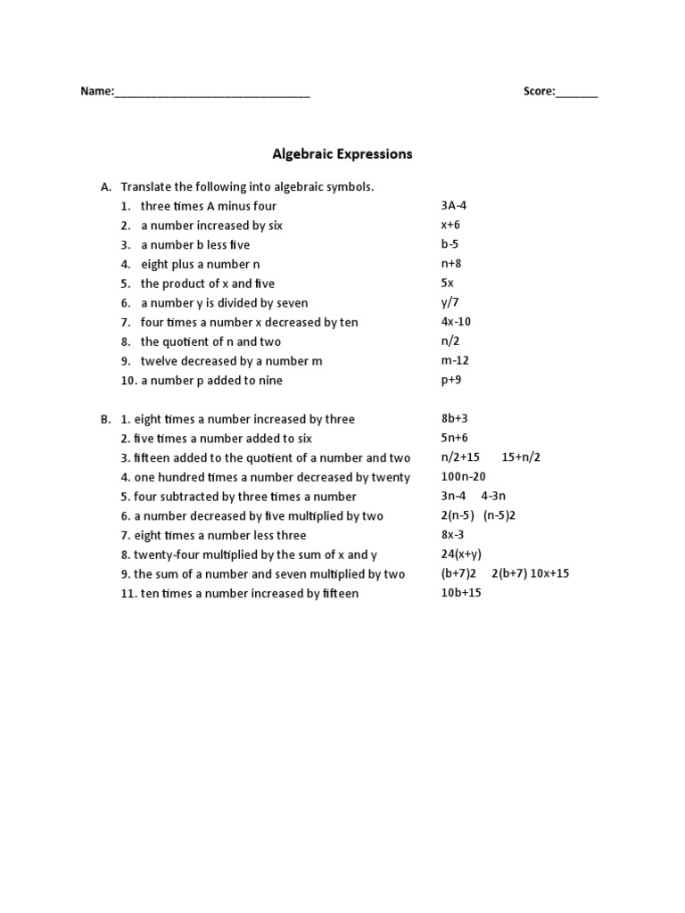 Algebraic Expressions Worksheet: Translating Phrases into Algebraic ...