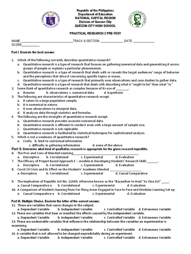 Practical Research 2 Diagnostic Test | PDF | Statistics | Quantitative ...