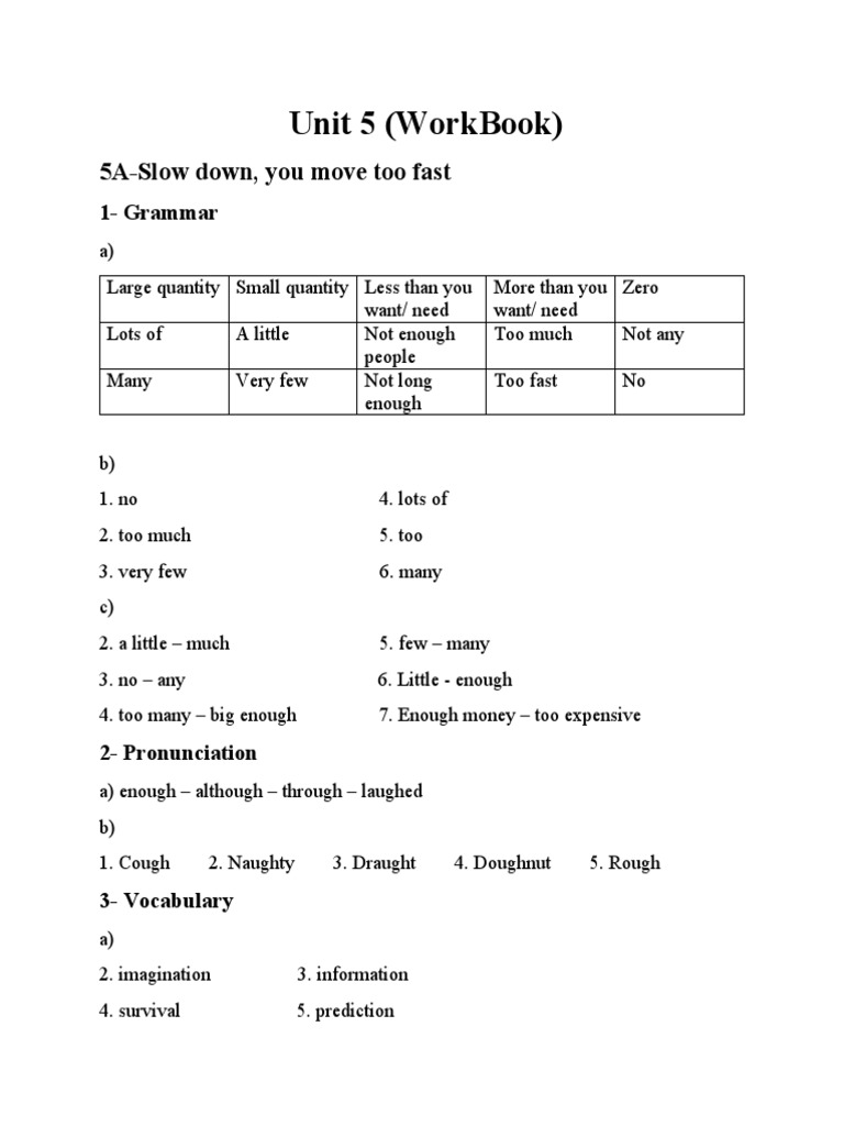Unit 5 (Workbook) : 5A-Slow Down, You Move Too Fast | PDF