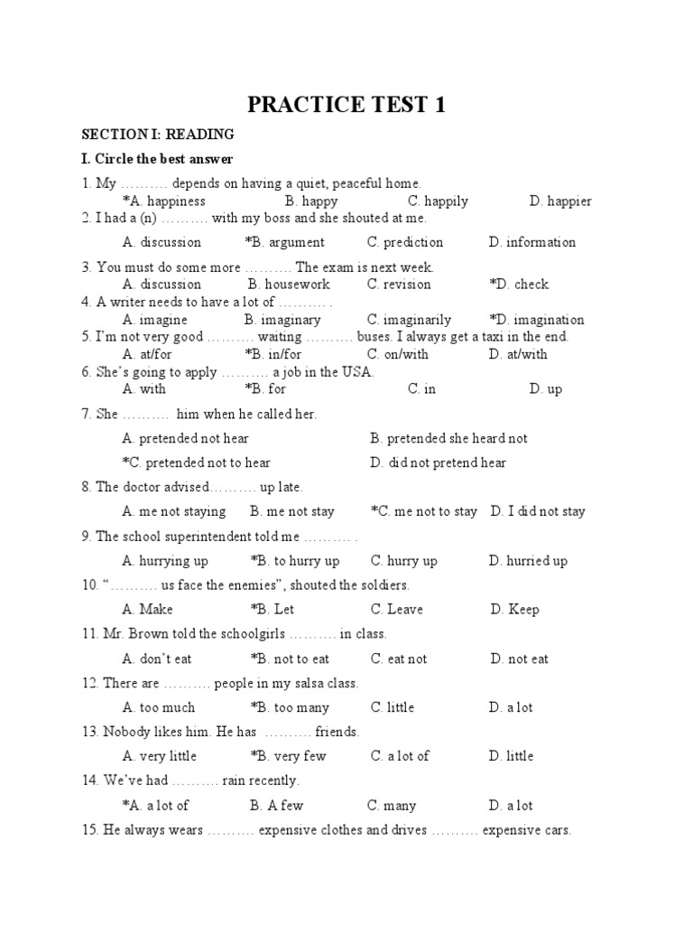Practice Test 1: Section I: Reading I. Circle The Best Answer | PDF | Car