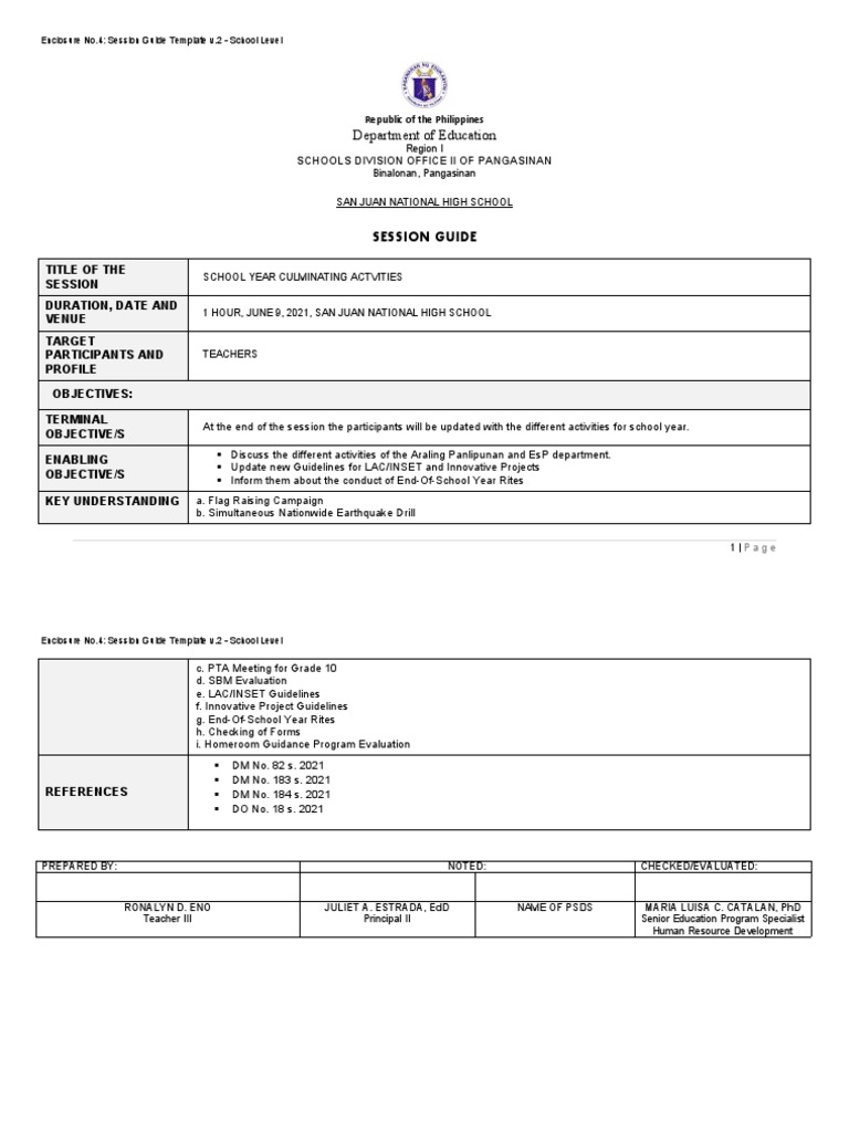 Enclosure No 4 INSET SESSION GUIDE TEMPLATE SCHOOL LEVEL | PDF