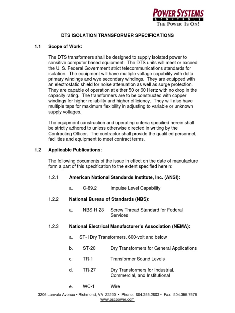 Dts Isolation Transformer Specifications 1.1 Scope of Work | PDF ...