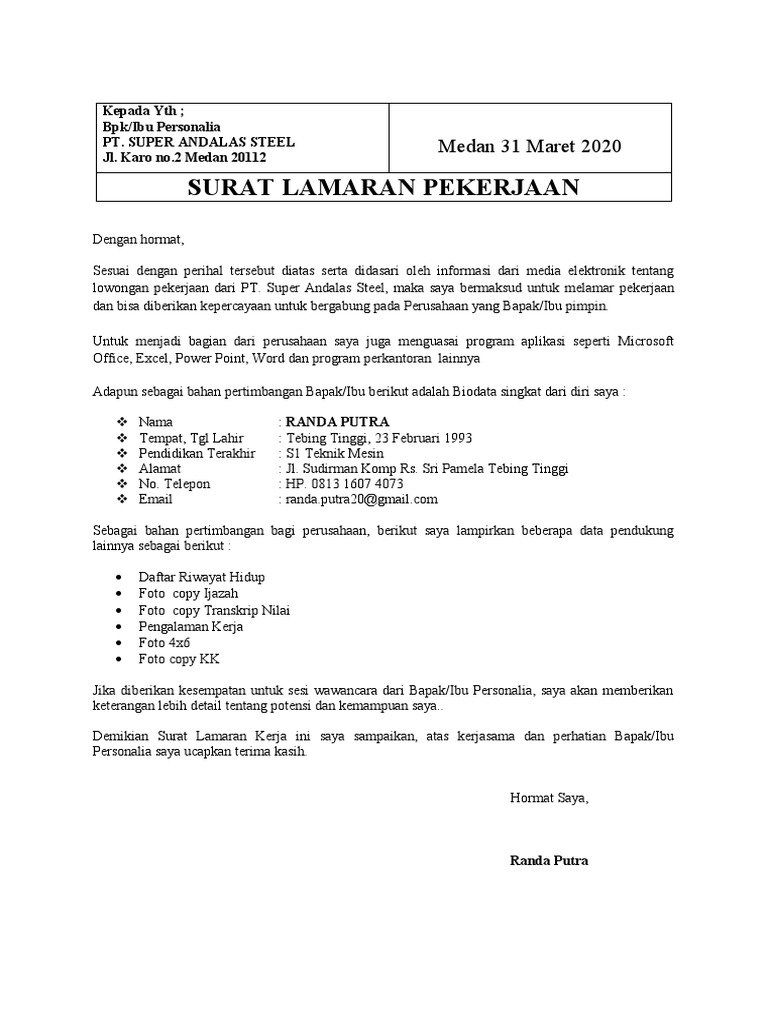 Lamaran Kerja di PT Super Andalas Steel | PDF