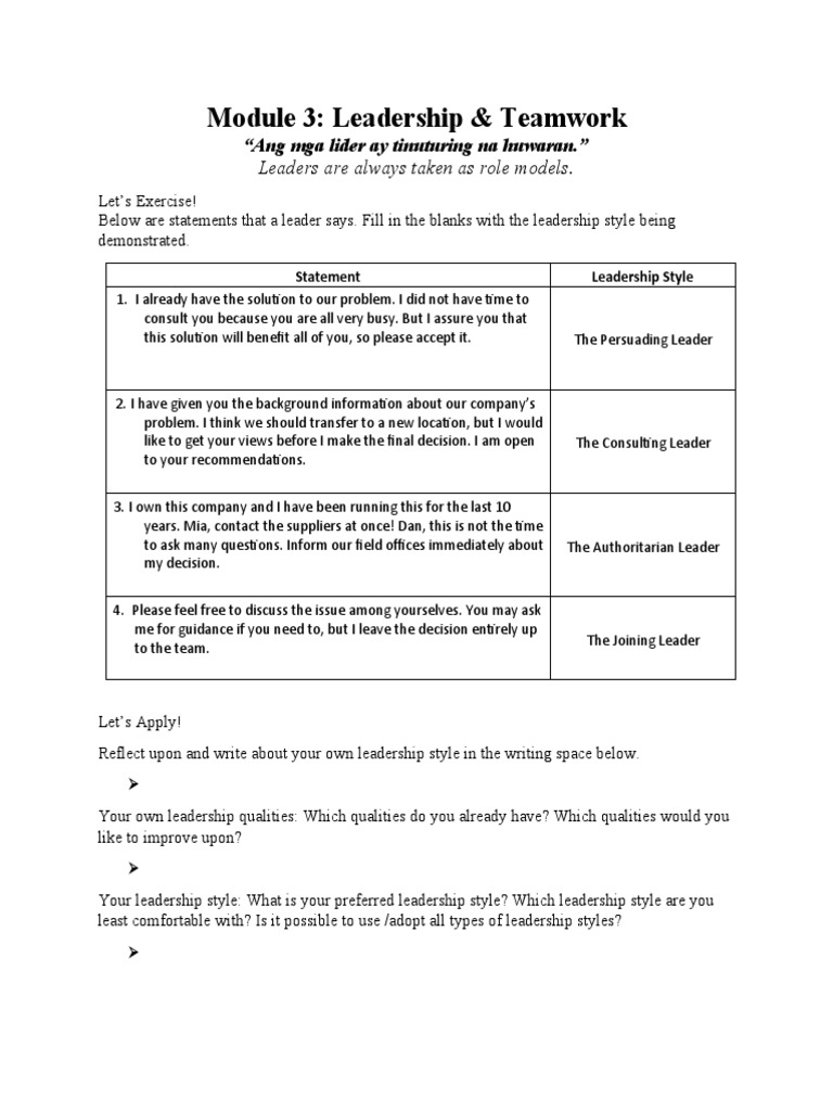 Module 3: Leadership & Teamwork: "Ang Mga Lider Ay Tinuturing Na ...