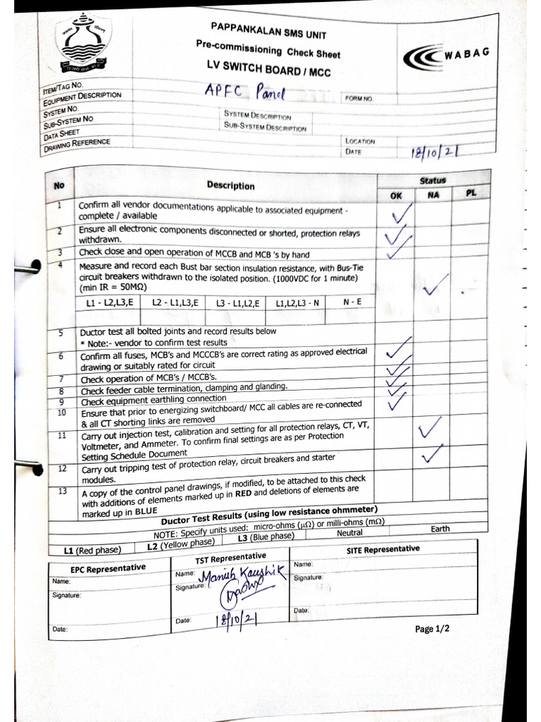 APFC Panel Checklist Part 1 | PDF