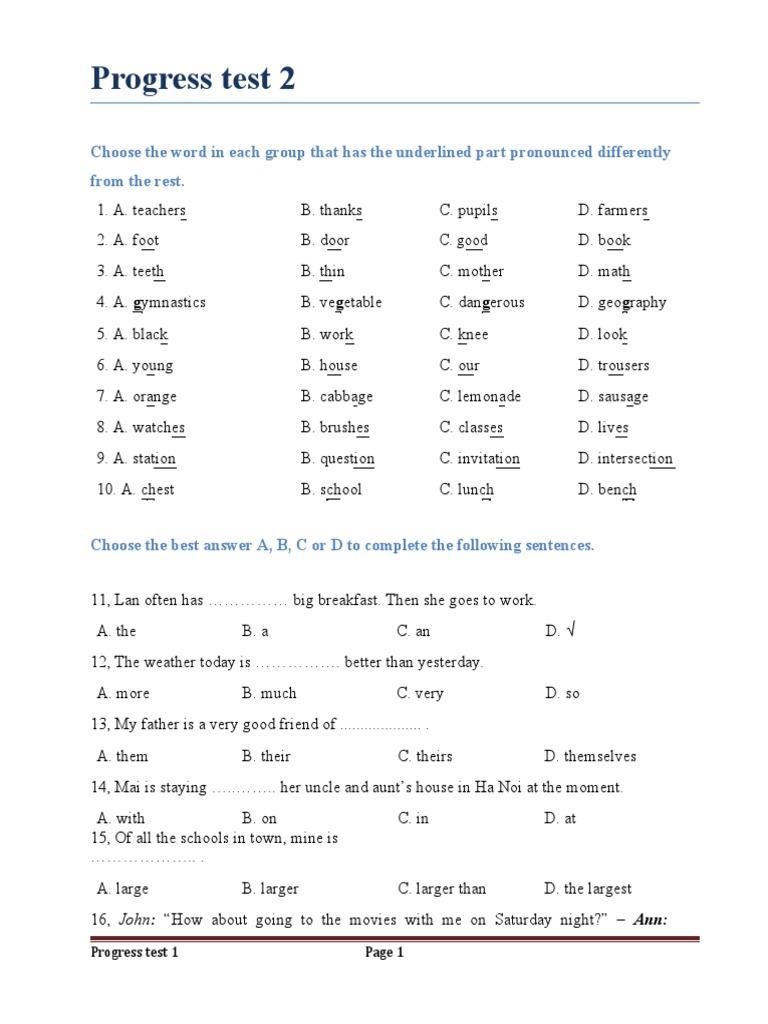 Progress Test 2: Choose The Word in Each Group That Has The Underlined ...