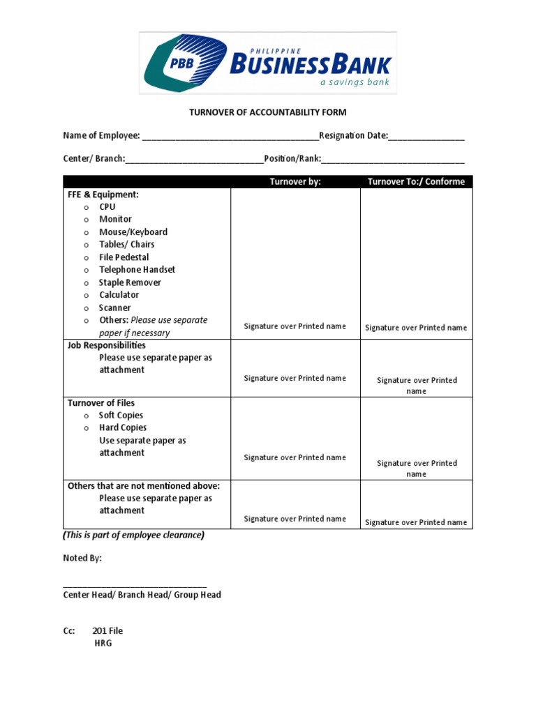 Turnover of Accountability Form: Turnover By: Turnover To:/ Conforme ...