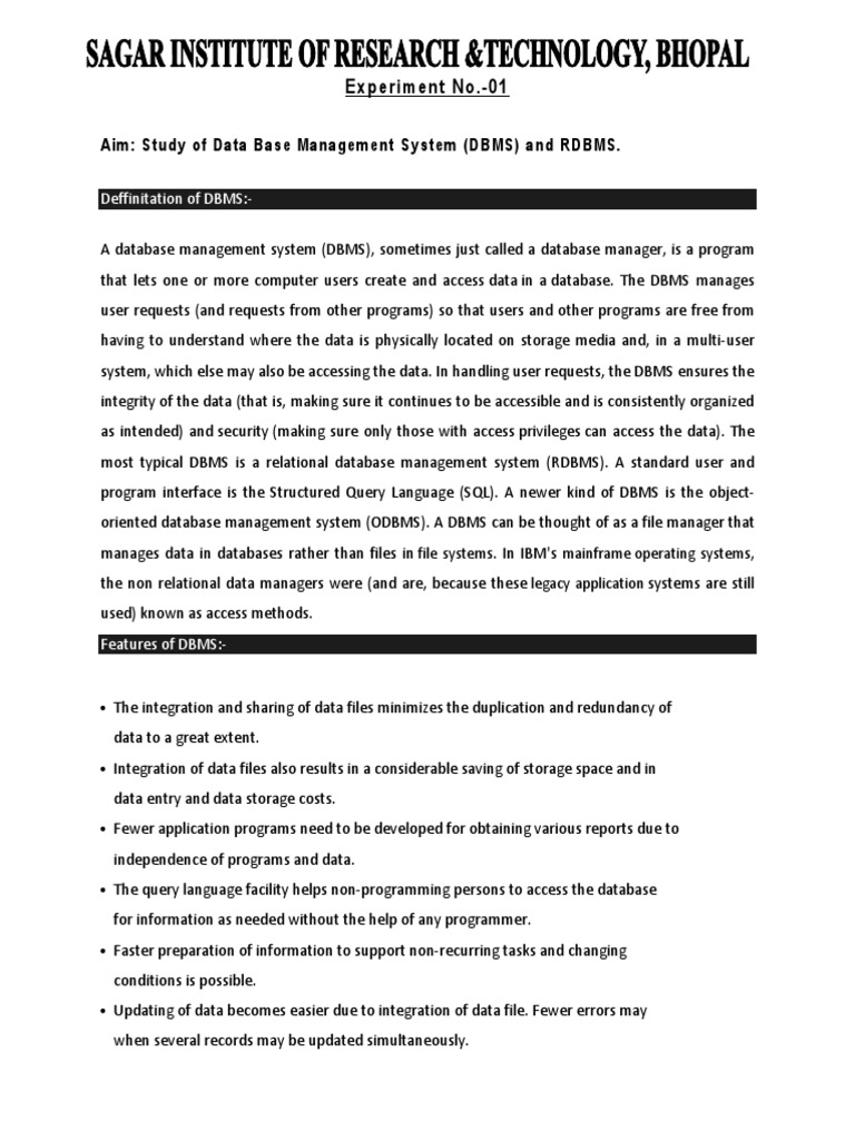 Experiment No.-01: Aim: Study of Data Base Management System (DBMS) and RDBMS | PDF | Relational ...