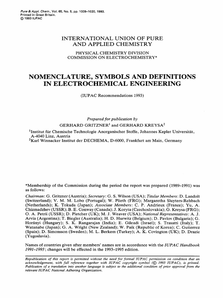Nomenclature, Symbols and Definitions in Electrochemical Engineering ...