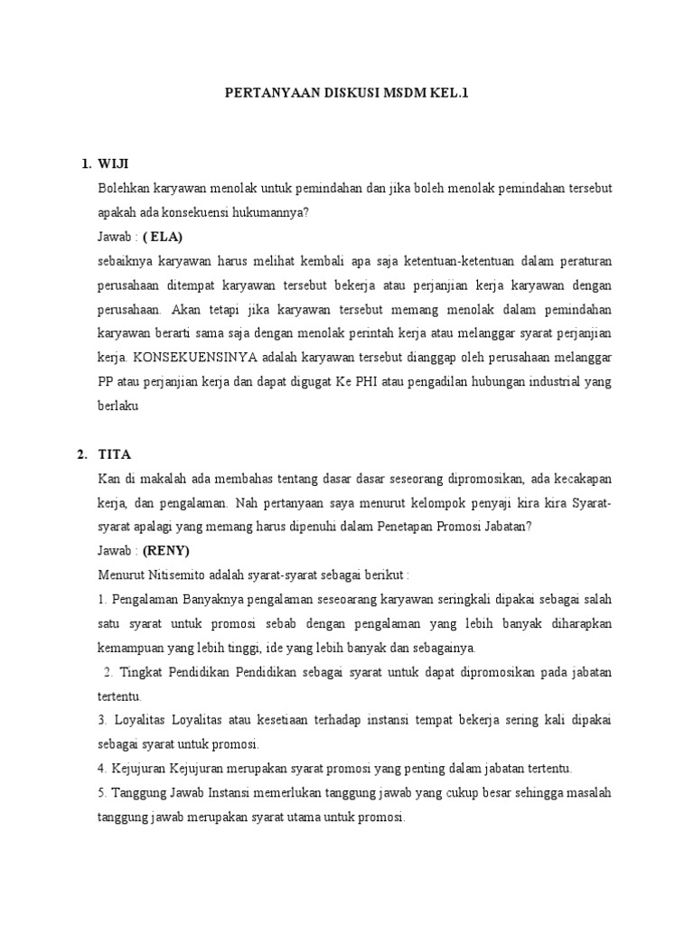 Pertanyaan Diskusi MSDM Kel 1 | PDF | Bisnis | Pengembangan Diri