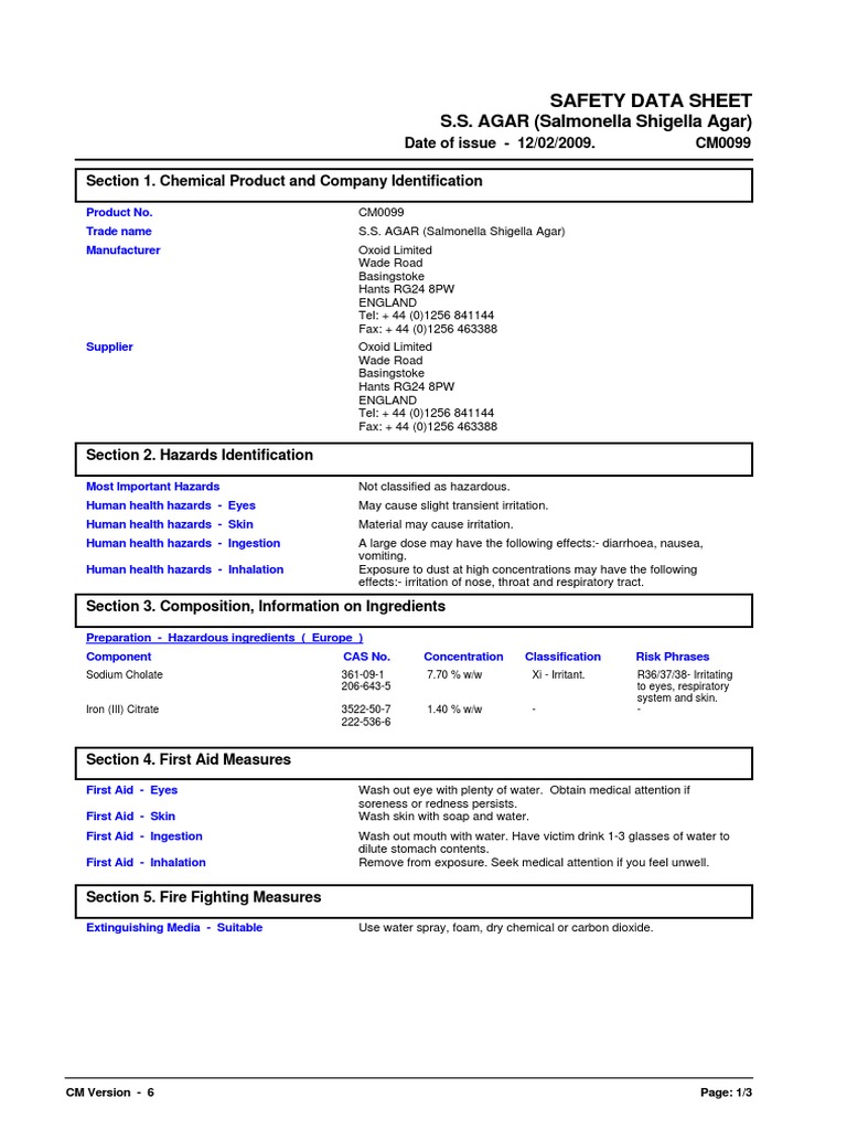 Safety Data Sheet for S.S. Agar (Salmonella Shigella Agar) | PDF ...