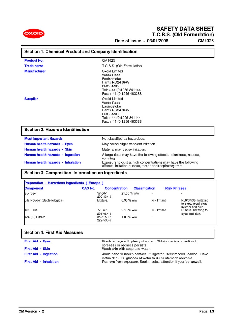Tcbs Agar Msds Oxoid | PDF | Toxicity | Occupational Safety And Health