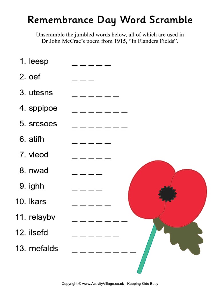 Remembrance Day Word Scramble | PDF