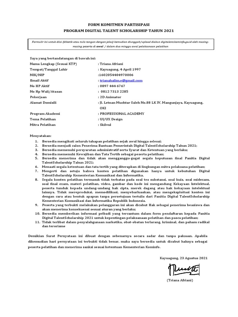 Contoh FORM KOMITMEN PARTISIPASI | PDF