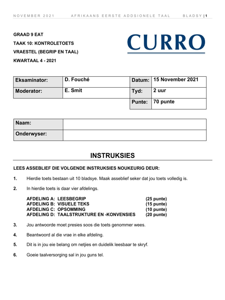 Graad 9 Kwartaal 4 Taak 10 Eksamen Nov 2021 | PDF