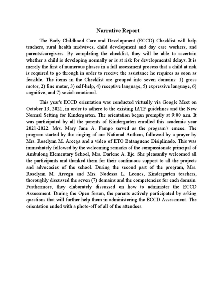 Narrative Report ECCD | PDF | Social Science | Youth