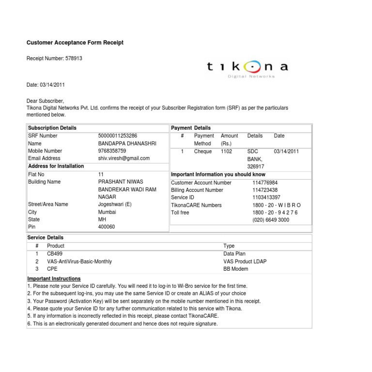 Tikona Service Activation Receipt | PDF | Receipt | Subscription ...