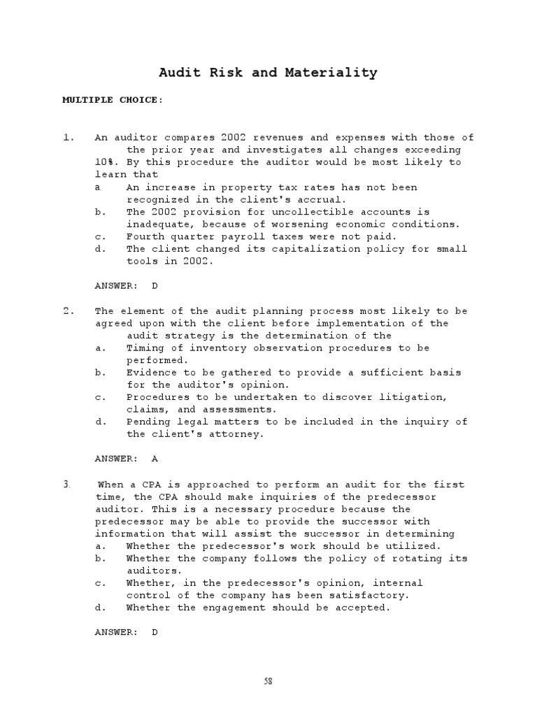 Audit Risk and Materiality Multiple Choice PDF Free | PDF | Audit ...