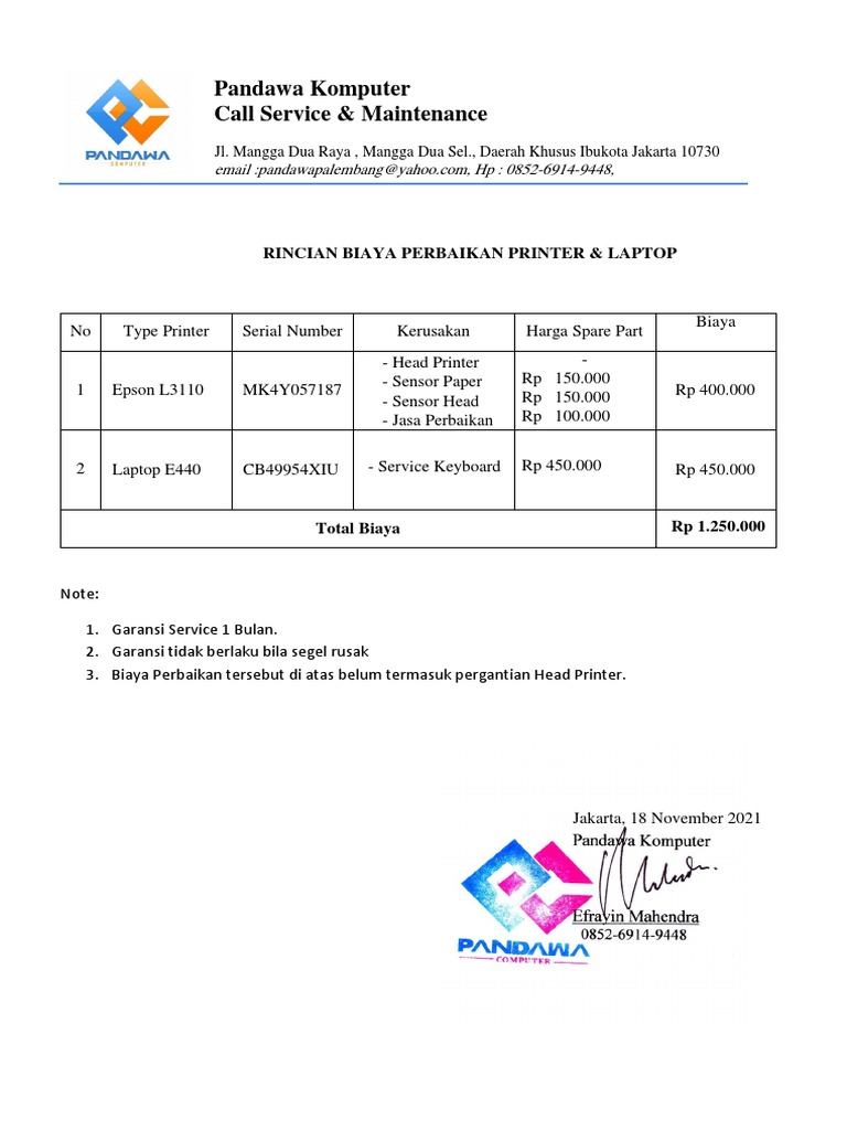 Rincian Biaya Service | PDF
