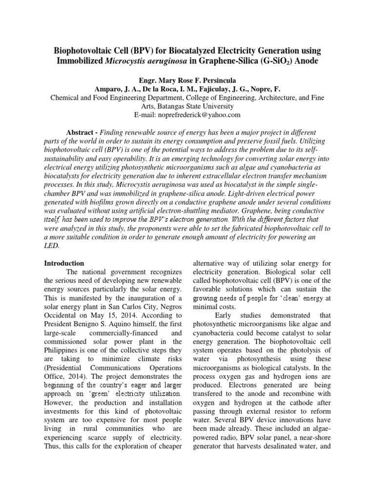 Biophotovoltaic Cell (BPV) For Biocatalyzed Electricity Generation ...