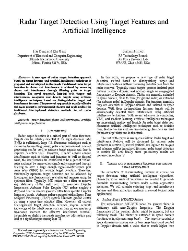 Radar Target Detection Using Target Features And Artificial Intelligence Pdf Radar Electronics