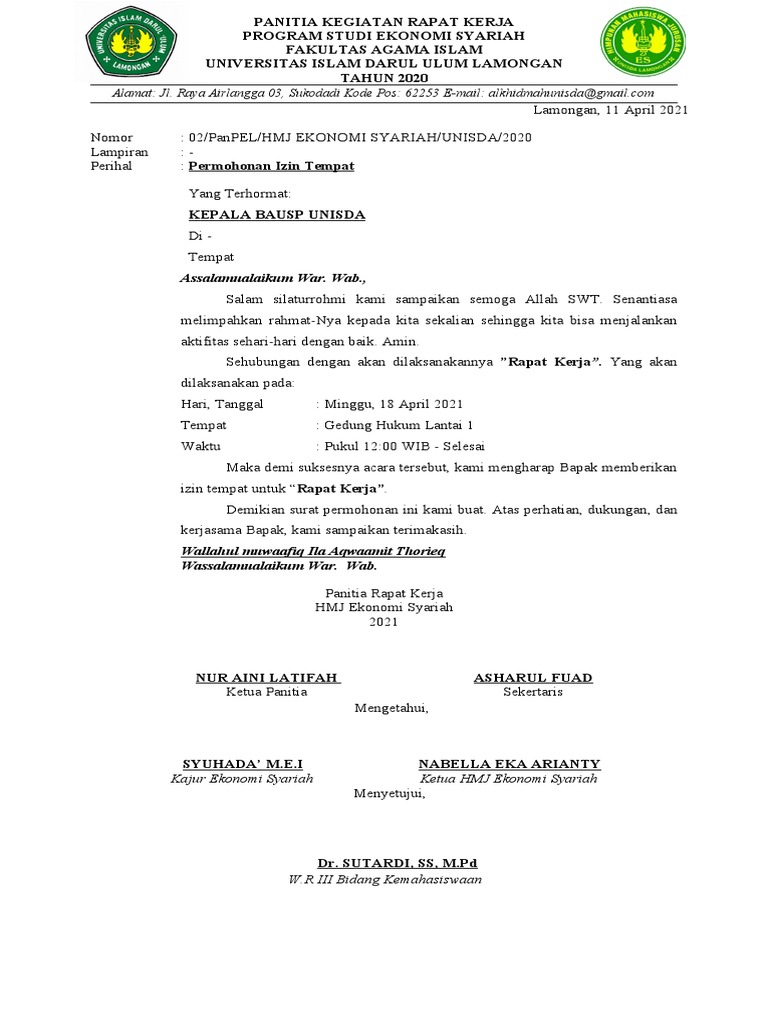 Permohonan Izin Rapat Kerja Unisda | PDF