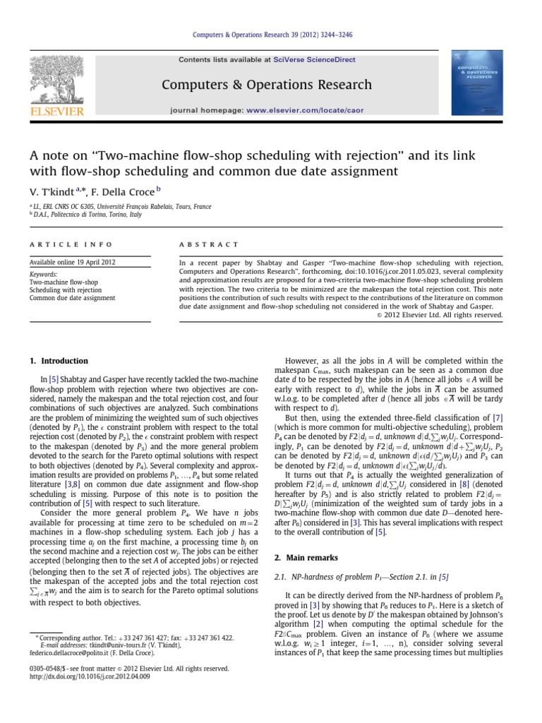 A Note On Two-Machine Flow-Shop Scheduling With Rejection'' and Its Link With Flow-Shop ...