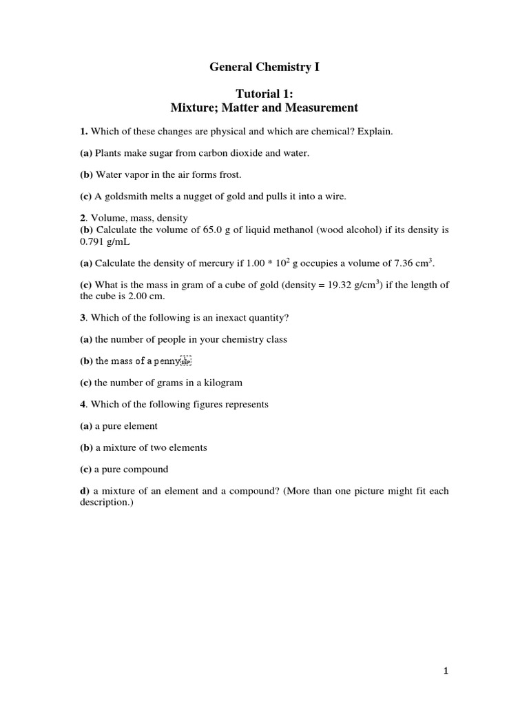 General Chemistry I - Tutorial 1 | PDF | Density | Significant Figures