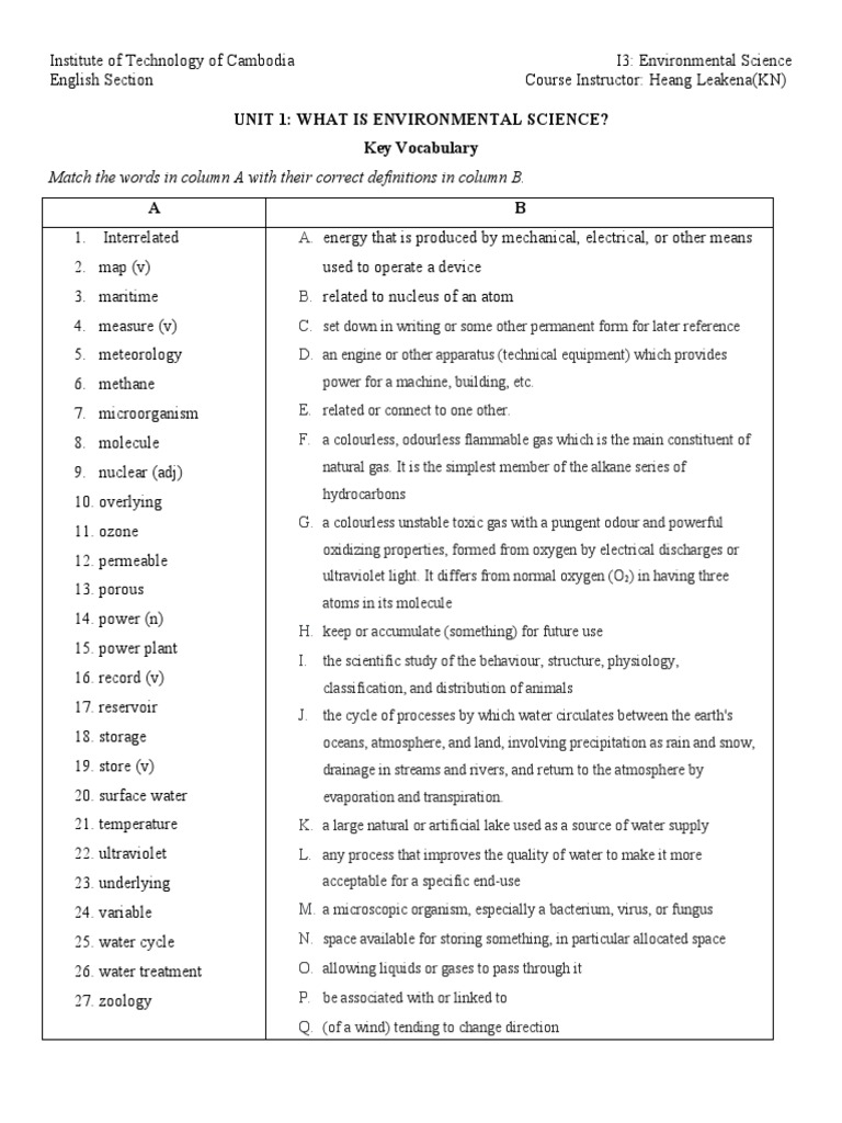 Unit 1: What Is Environmental Science? Key Vocabulary | PDF | Water ...