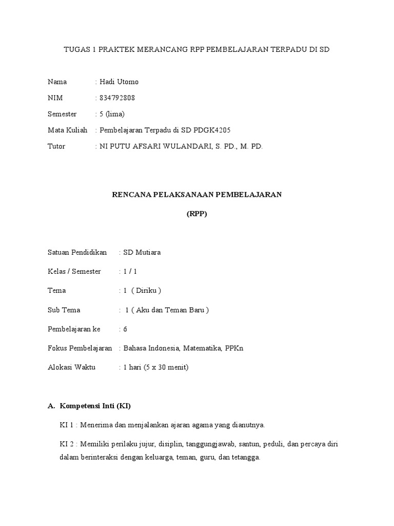 RPP Tema 1 Untuk Penilaian Apkg 1 | PDF