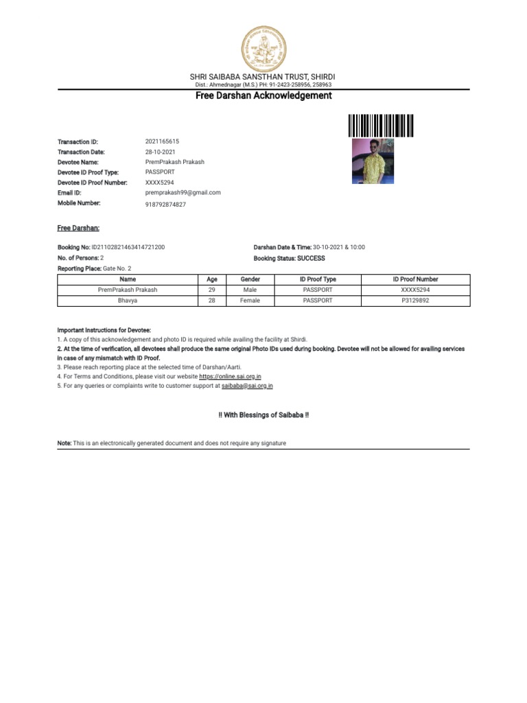 Free Darshan Acknowledgement: Shri Saibaba Sansthan Trust, Shirdi | PDF