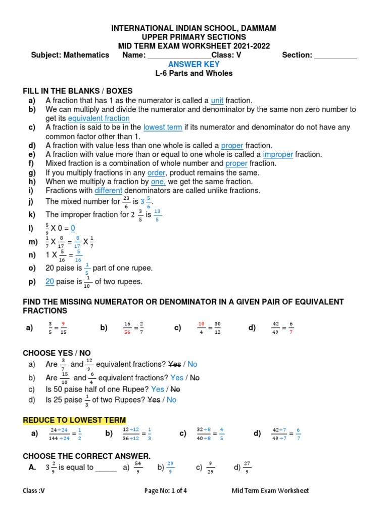 Maths - Class 5 - Mid Term Exam Worksheet Oct 2021 - ANSWER KEY | PDF ...