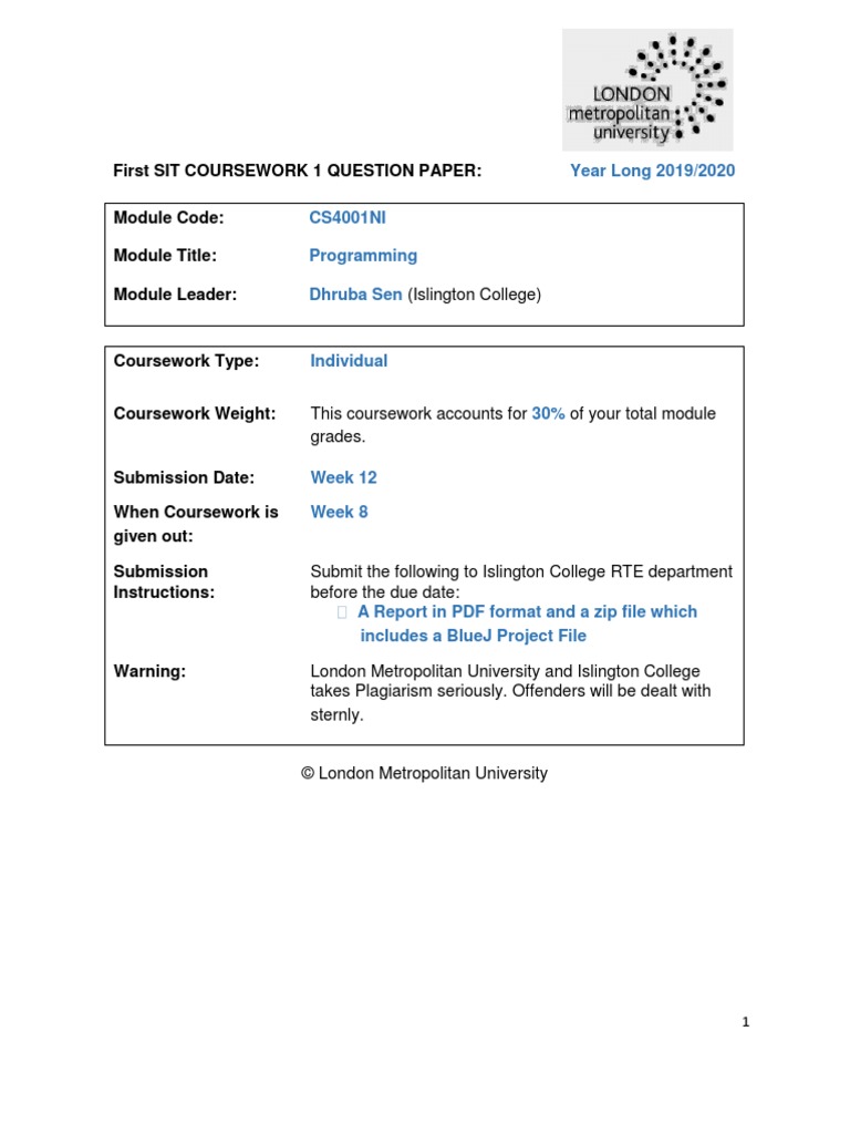 First Sit Coursework 1 Question Paper: Module Code: Module Title ...
