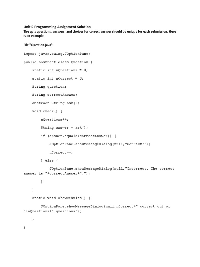 Unit 5 Programming Assignment Solution | PDF | Quiz | Software Development Unit 5 Programming Assignment Solution | PDF | Quiz | Software Development