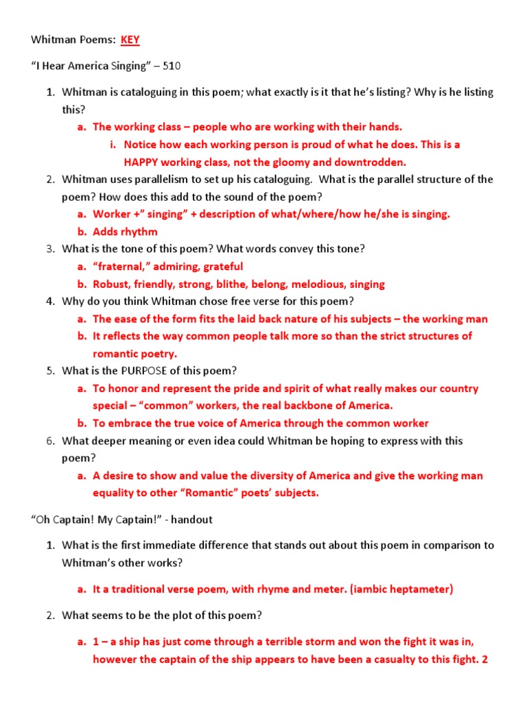 Whitman Poem Answer Key | PDF | Poetry | Walt Whitman