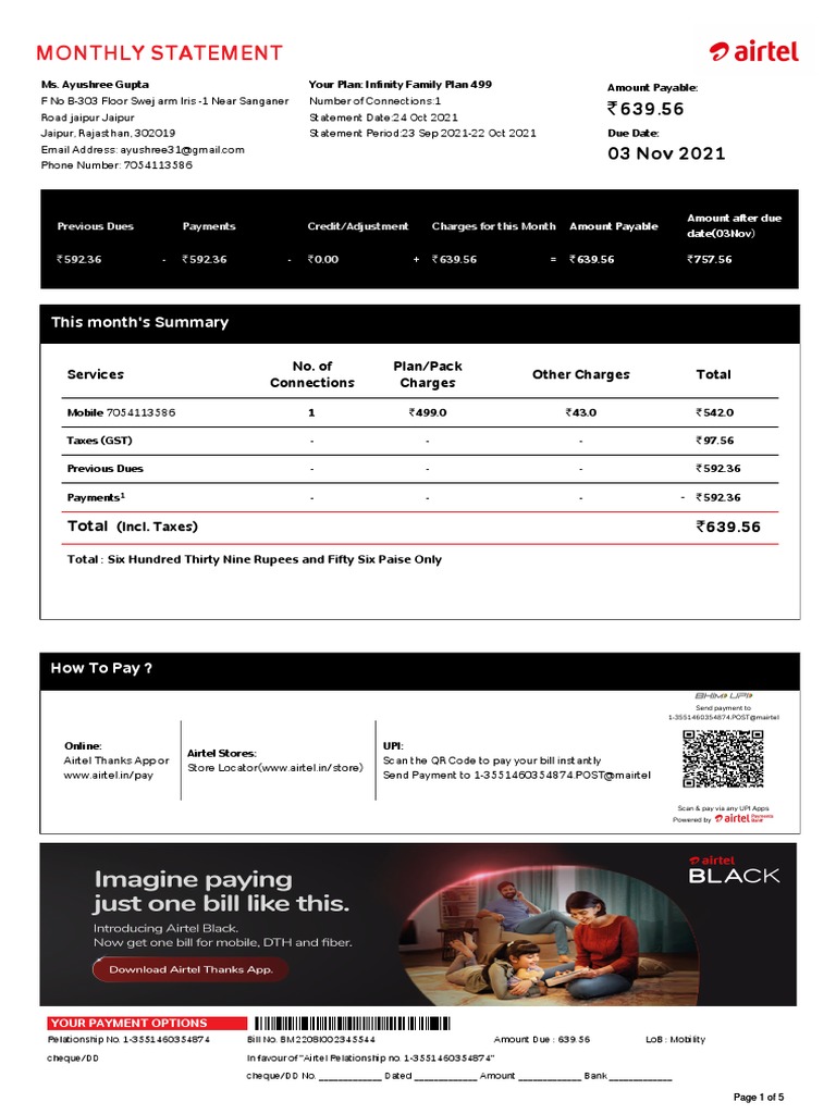 Monthly Mobile Statement for Ms. Ayushree Gupta Detailing Plan Charges ...