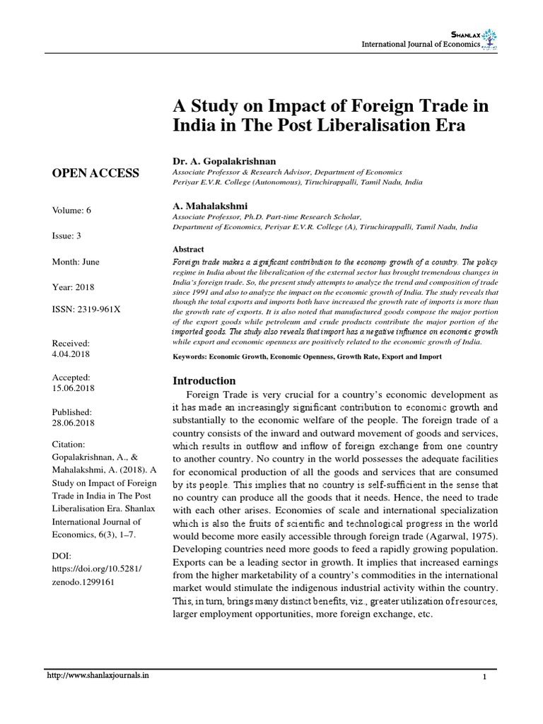 A Study On Impact of Foreign Trade in India in The Post Liberalisation ...