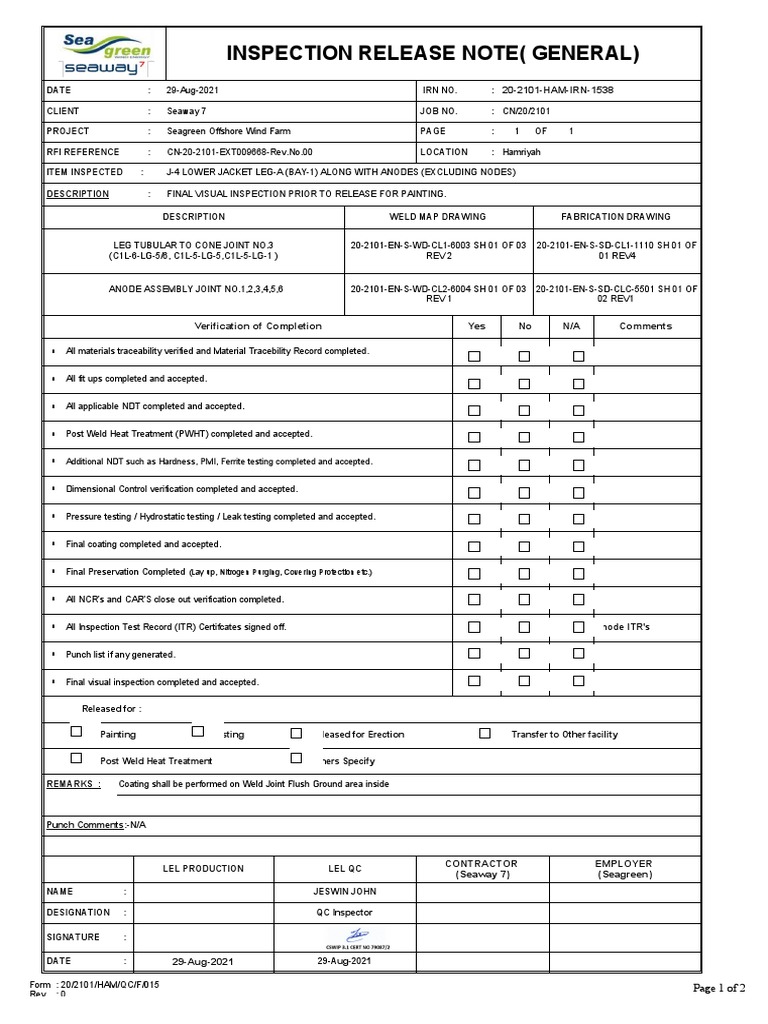 Inspection Release Note (General) : Verification of Completion Yes No N ...