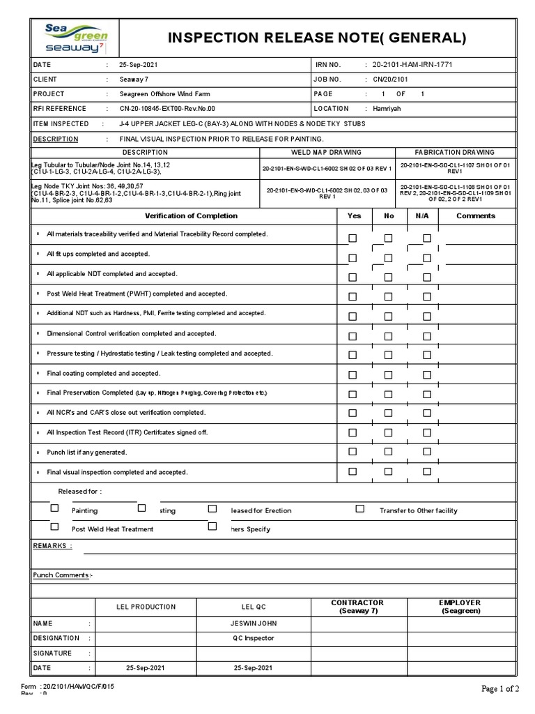 Inspection Release Note (General) : Verification of Completion Yes No N ...