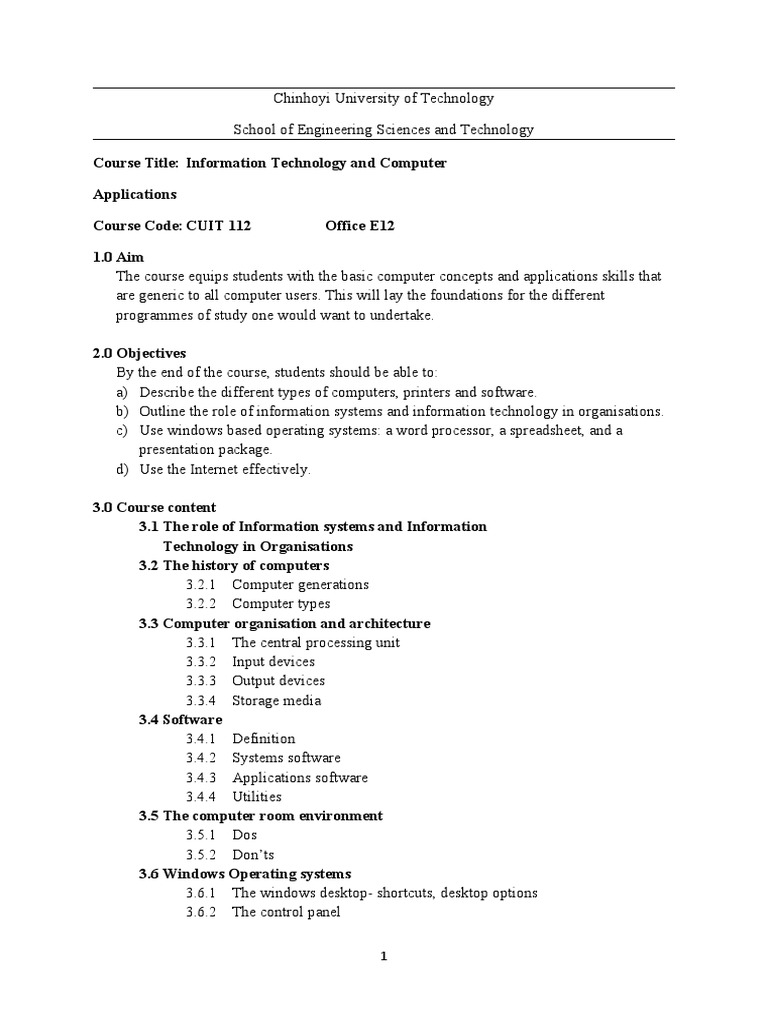 ITCA Course Outline | PDF | Software | Spreadsheet