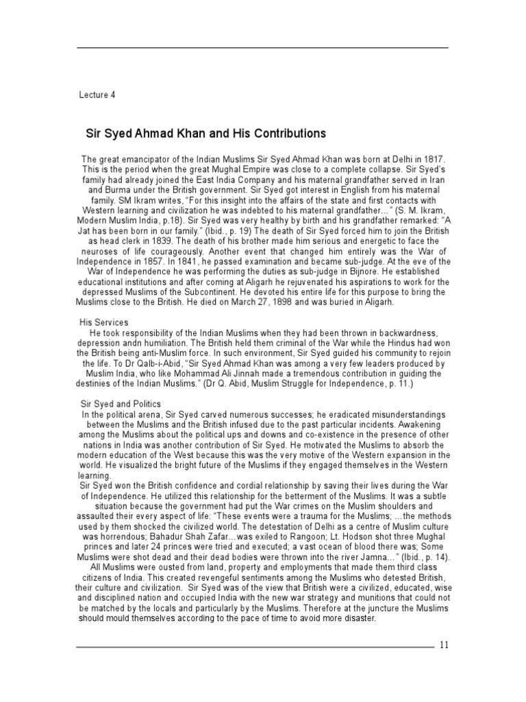 Sir Syed Ahmad Khan and His Contributions | PDF | British Raj