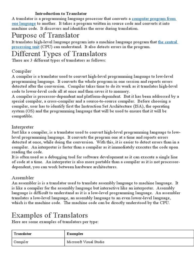 Purpose of Translator Different Types of Translators: Compiler | PDF ...